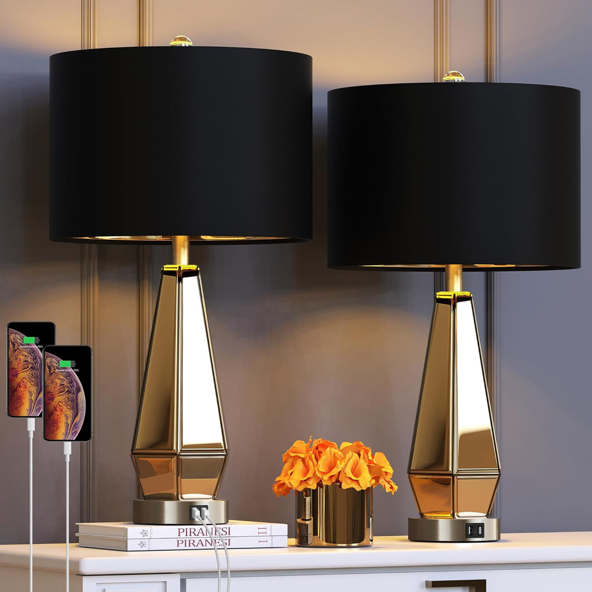 Everly Quinn Modern Amber Table Lamps With USB Charging Ports, Gold Black Geometric Shades | Wayfair